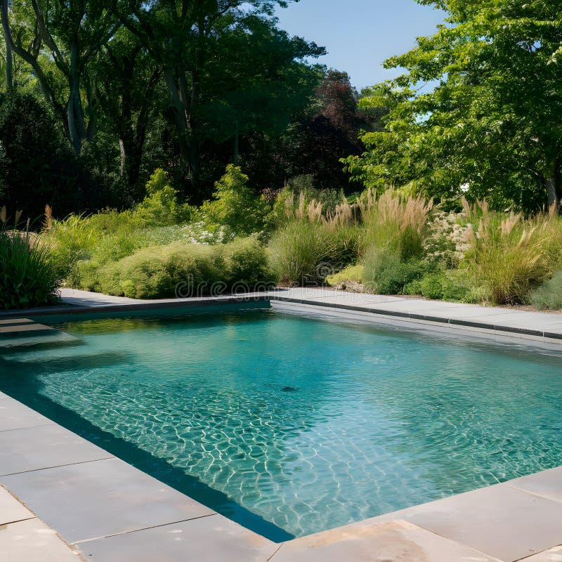 Rectangular Pool with Clear Blue Water, Surrounded by Lush Greenery and ...