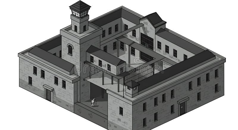 Rectangular Prison Complex with a Gray Stone Facade. Features Central ...