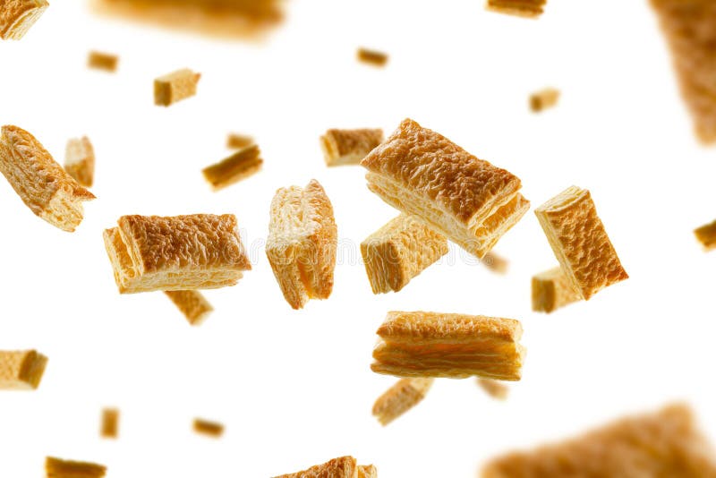 Rectangular Puff Pastry Pies Fly and Levitate in Space. Volumetric Back ...