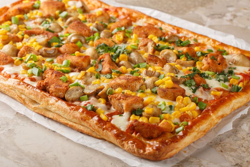 Rectangular Puff Pizza Pie with Spicy Chicken, Mushrooms, Corn ...