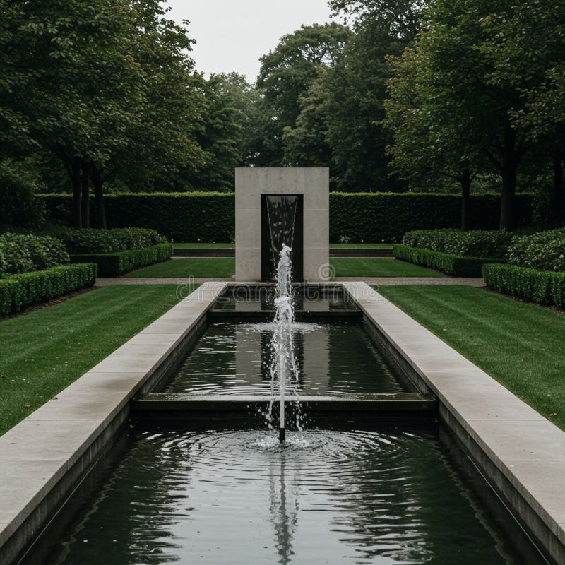 Rectangular Reflecting Pool with a Central Fountain, Flanked by ...