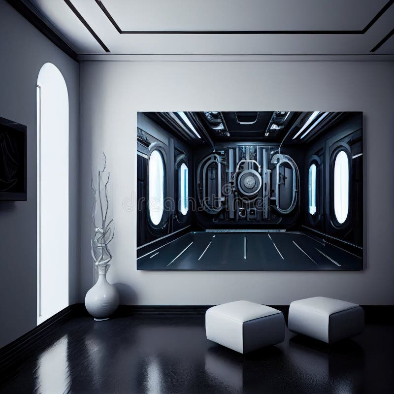 Rectangular Room with Decorations on Wall in Sci-fi Futuristic Interior ...