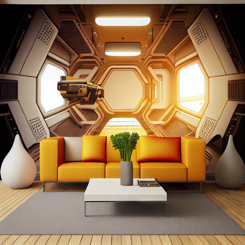 Rectangular Room with Decorations on Wall in Sci-fi Futuristic Interior ...