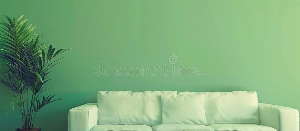 Rectangular Room Featuring a White Couch and a Green Wall Stock ...