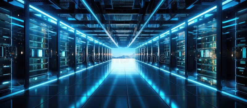 Rectangular Servers in an Electric Blue Lit Hallway of a Data Center ...