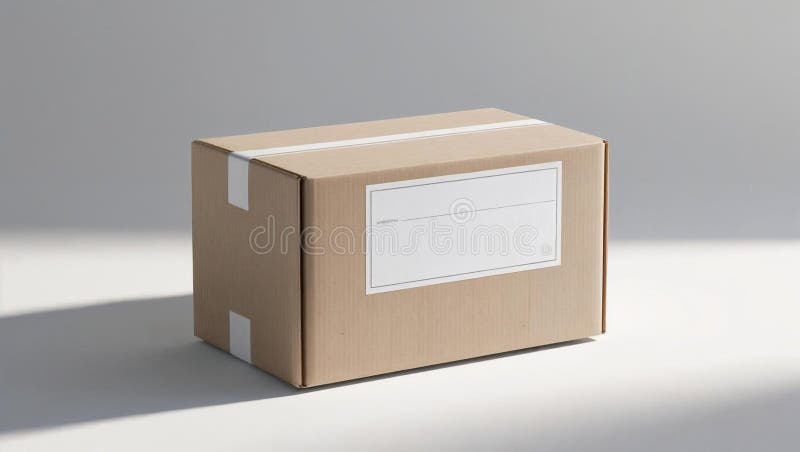 Rectangular Shipping Box with White Tape and Label on Light Surface ...