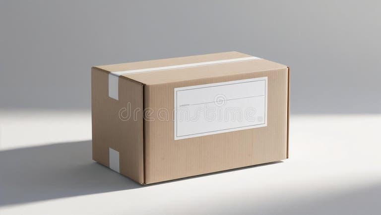 Rectangular Shipping Box with White Tape and Label on Light Surface ...
