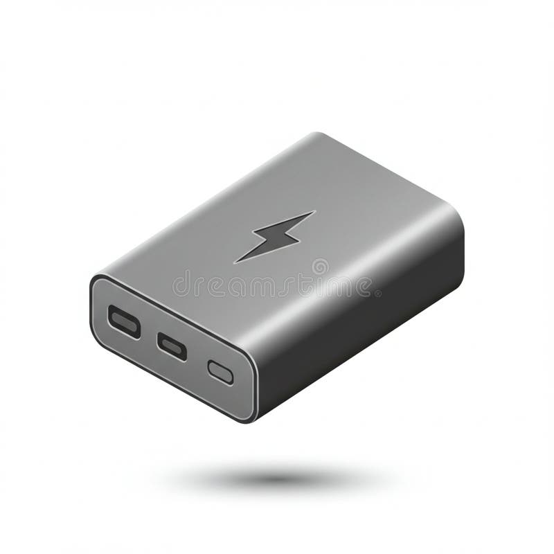 Rectangular Silver Metallic Power Bank with Rounded Edges. Features a ...