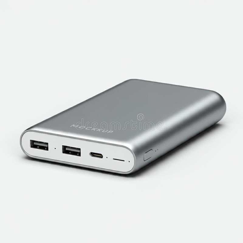 Rectangular Silver Power Bank with Rounded Edges. Features Two USB ...