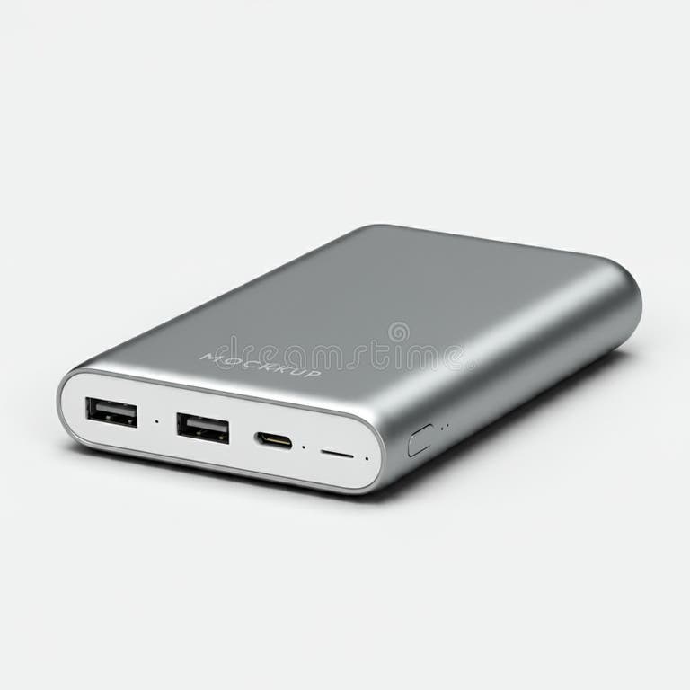 Rectangular Silver Power Bank with Rounded Edges. Features Two USB ...