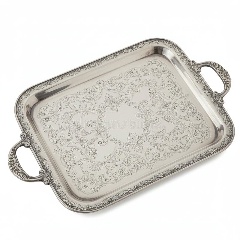 Rectangular Silver Serving Tray Featuring Intricate Engraved Floral ...