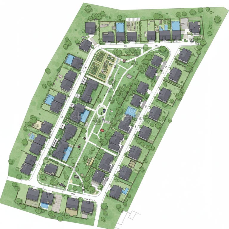 Rectangular Site Plan Featuring Residential Houses with Black Rooftops ...
