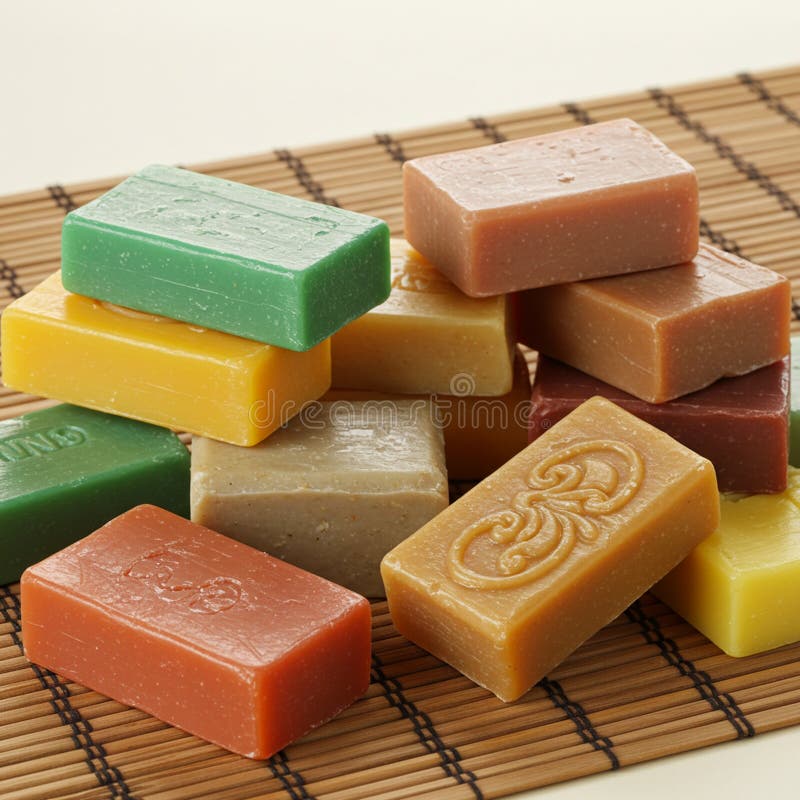 Rectangular Soaps in Various Colors—green, Yellow, Orange, Beige—are ...