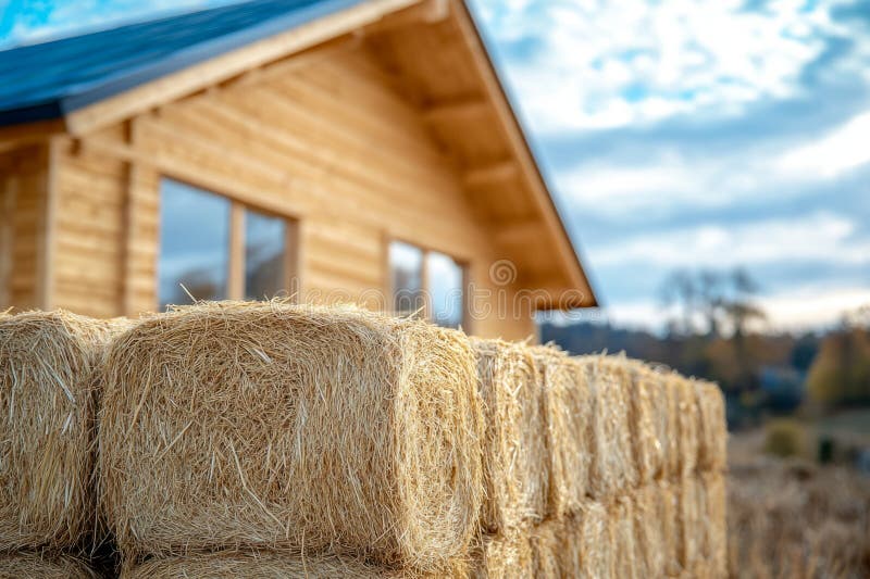 Rectangular Straw Bales Creating a Barrier in Front of a Wooden House ...