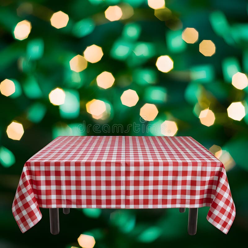 Rectangular Table with Red & White Tablecloth Against Green Bokeh ...