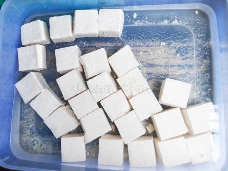 Rectangular Tofu Cubes in a Transparent Container Displayed for Food ...