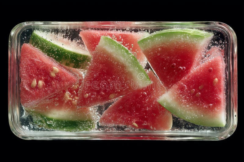 Rectangular Transparent Ice Cube with Watermelon Slices Suspended in ...