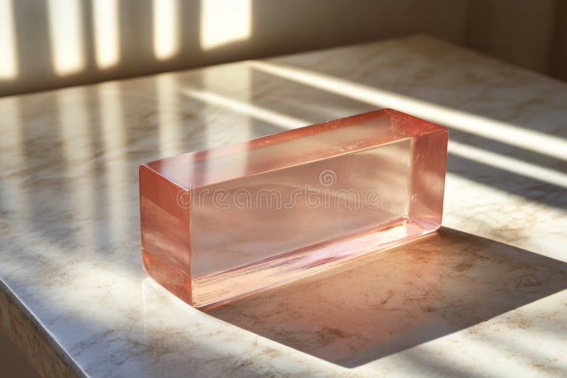 Rectangular Transparent Pink Glass or Resin Block on a Marble Table ...