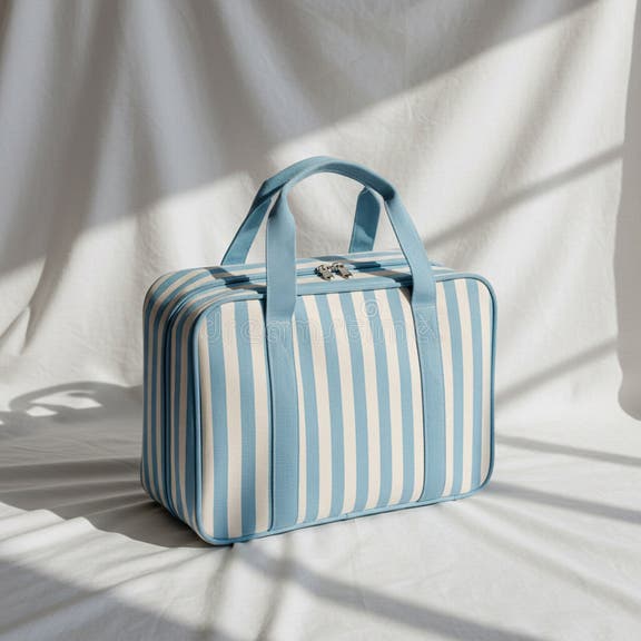 A Rectangular Travel Bag with Vertical Blue and White Stripes is ...