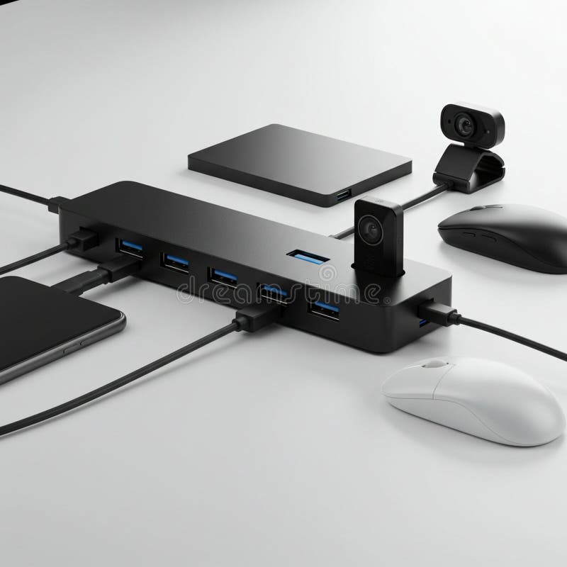 Rectangular USB Hub with Multiple Blue USB 3.0 Ports, Connecting ...
