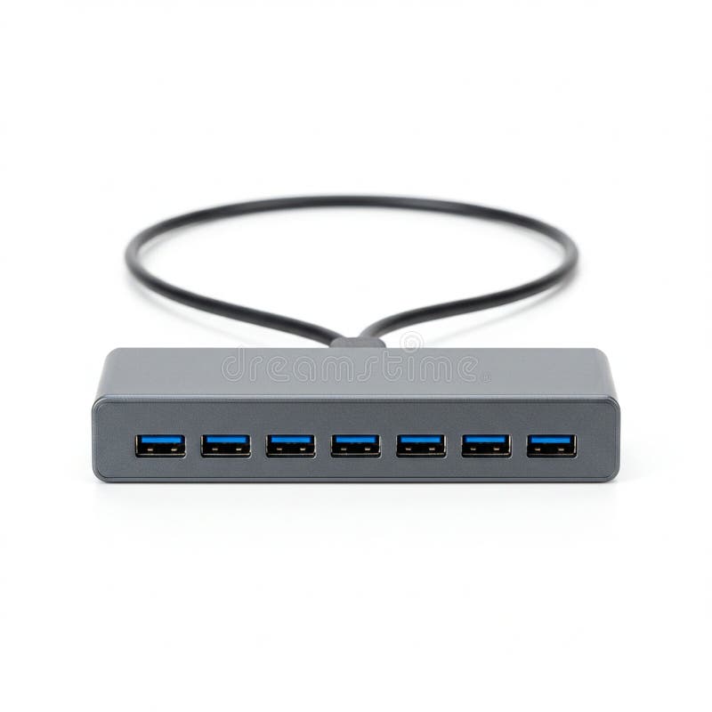 Rectangular USB Hub with Seven Ports, Each Outlined in Blue, Indicating ...