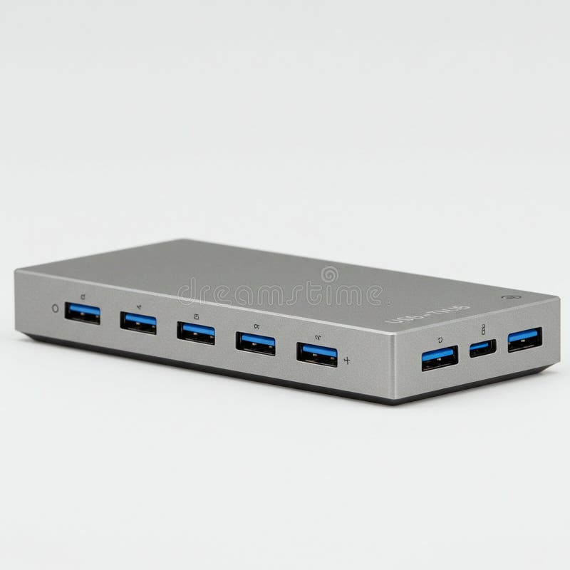 Rectangular USB Hub with a Sleek Metallic Casing. Features Seven USB 3 ...