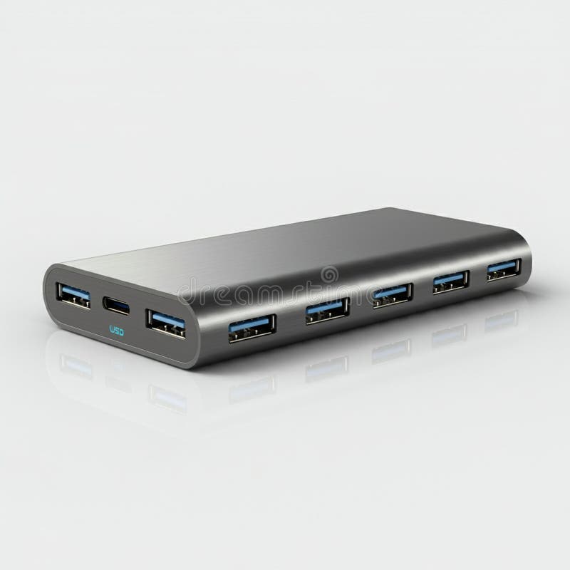 Rectangular USB Hub with a Sleek Metallic Finish, Featuring Multiple ...