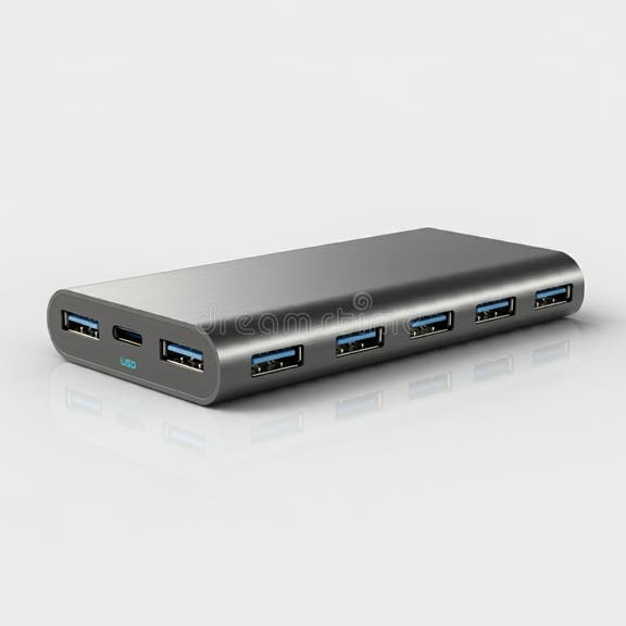 Rectangular USB Hub with a Sleek Metallic Finish, Featuring Multiple ...