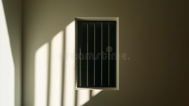 Rectangular Wall Vent with Vertical Black Slats Situated on a Light ...