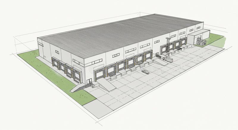 Rectangular Warehouse with a Sloped Metal Roof, Featuring Multiple ...