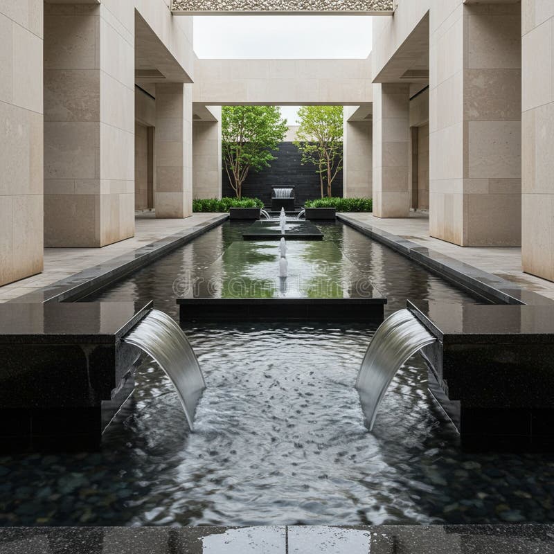 Rectangular Water Feature in a Contemporary Courtyard, Flanked by Beige ...