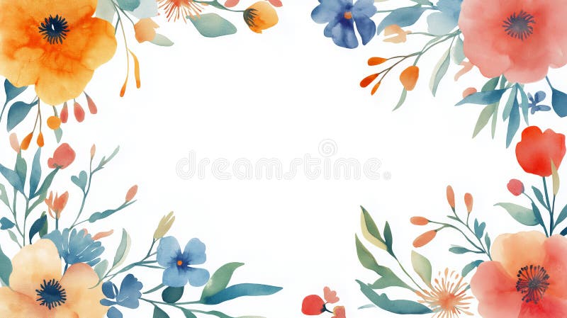Floral Frame. Rectangular Watercolor Floral Frame on White Background ...