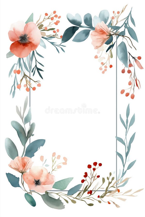 Floral Frame. Rectangular Watercolor Floral Frame on White Background ...
