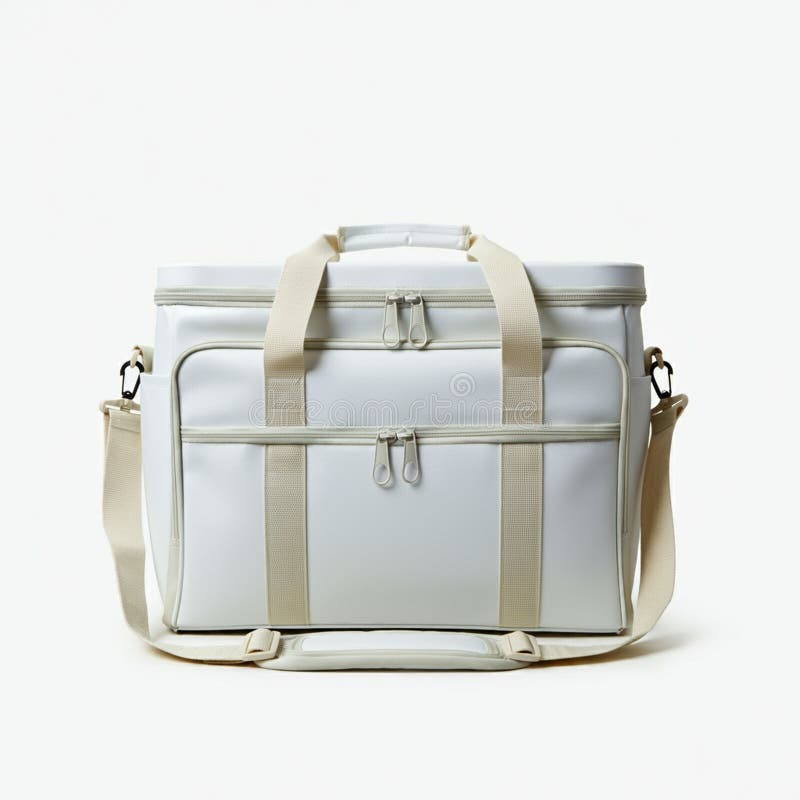 A Rectangular White Insulated Cooler Bag with Beige Straps and Zippers ...