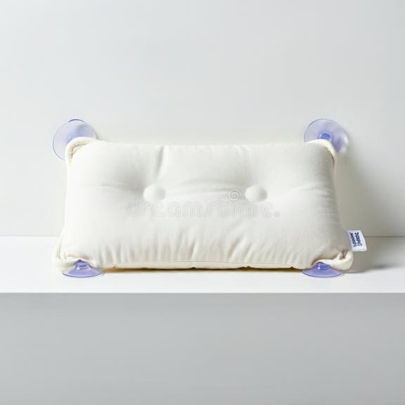 Rectangular White Pillow Secured To a White Surface with Four Blue ...