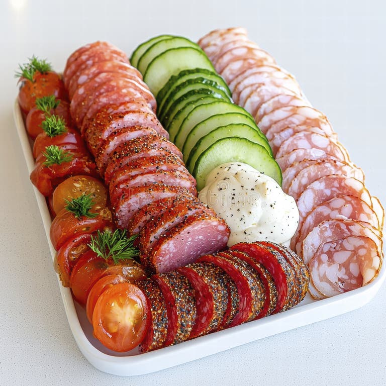 Assorted Cured Meats, Cucumbers, and Tomatoes on a White Platter Stock ...