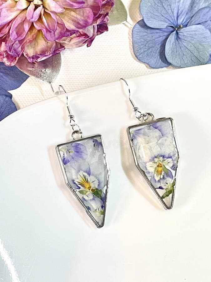 Rectangular White and Purple Peony Flower Resin Earrings with Galvanized Steel Stock Photo ...