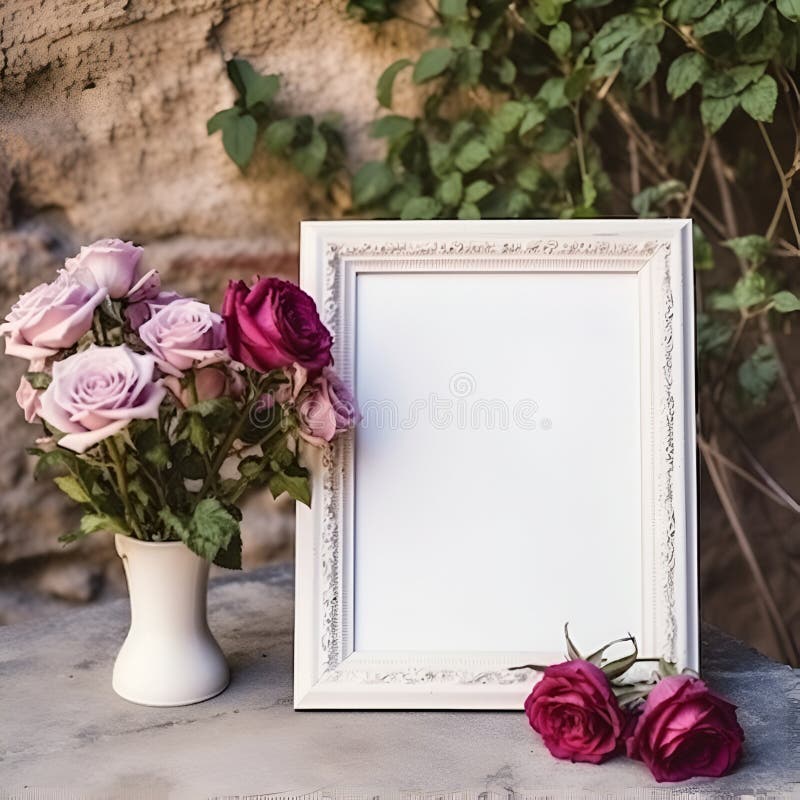 Rectangular White Wooden Picture Frame with Empty Space for Text and ...