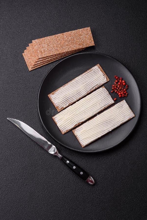 Rectangular Whole Grain Crisp Bread with Cream Cheese Stock Photo ...