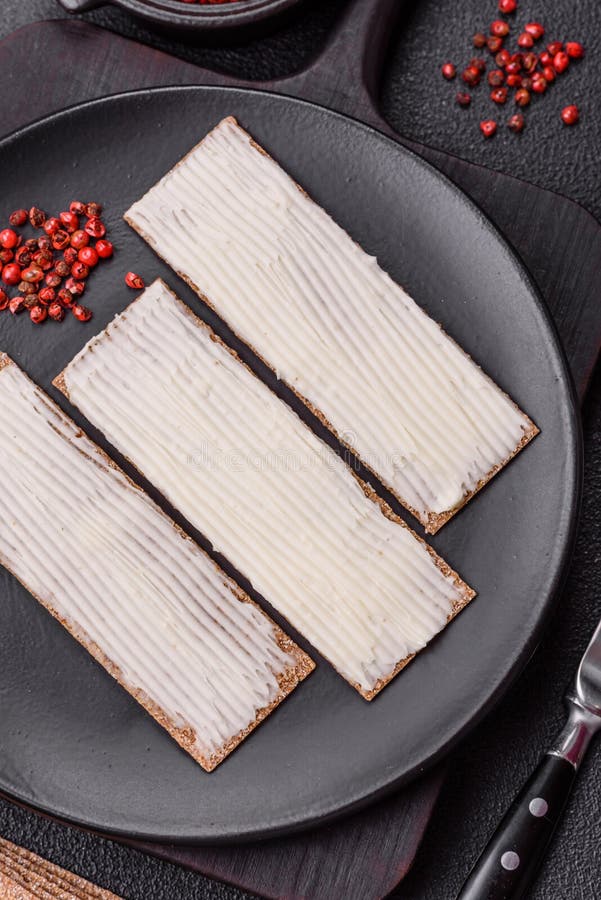 Rectangular Whole Grain Crisp Bread with Cream Cheese Stock Photo ...