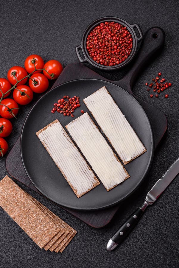 Rectangular Whole Grain Crisp Bread with Cream Cheese Stock Photo ...