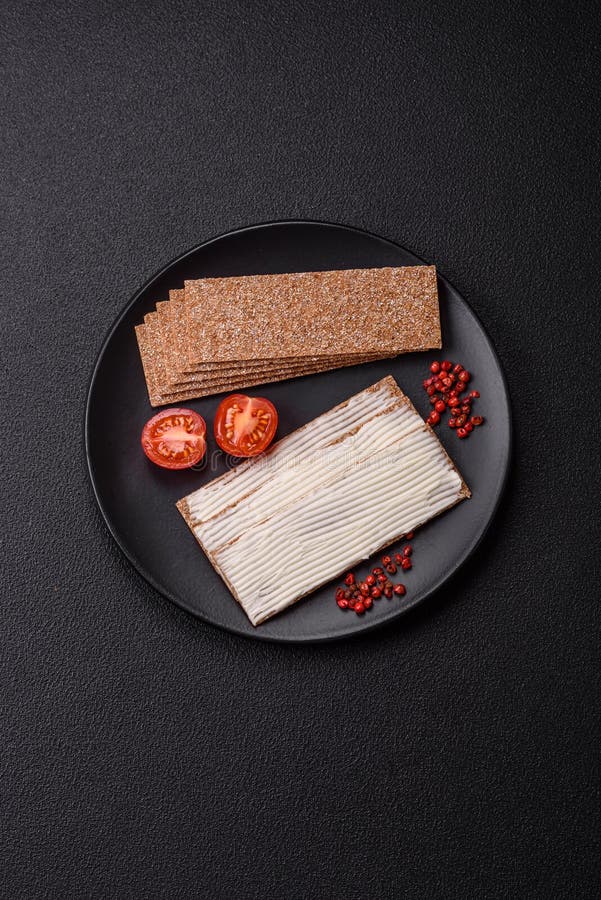 Rectangular Whole Grain Crisp Bread with Cream Cheese Stock Photo ...