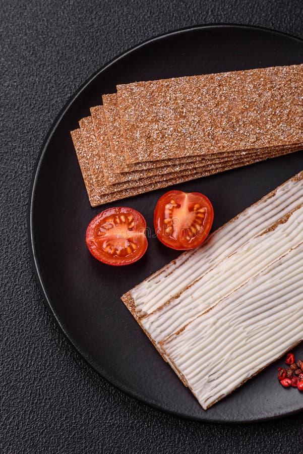 Rectangular Whole Grain Crisp Bread with Cream Cheese Stock Photo ...