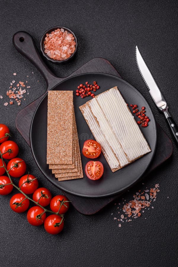 Rectangular Whole Grain Crisp Bread with Cream Cheese Stock Photo ...