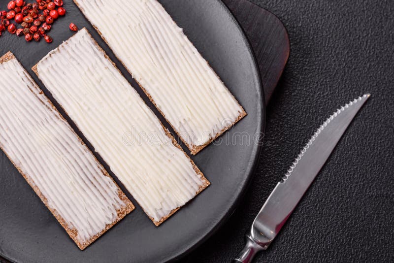 Rectangular Whole Grain Crisp Bread with Cream Cheese Stock Photo ...