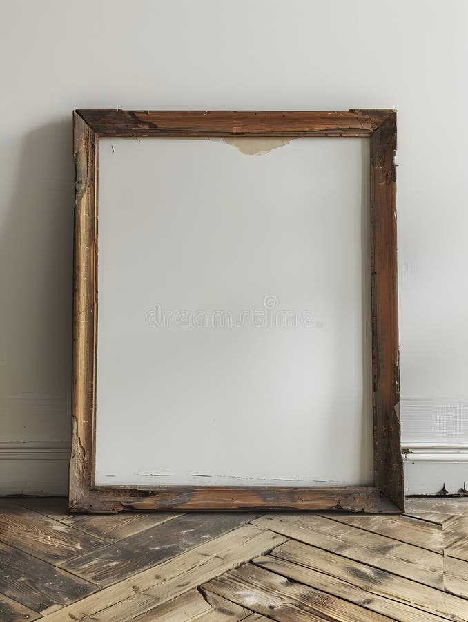 A Rectangular Wood Picture Frame on Hardwood Flooring Next To a Wall ...