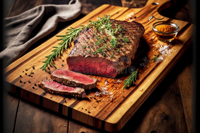 Rectangular Wooden Board with Chopped Medium-roasted Flank Steak with ...