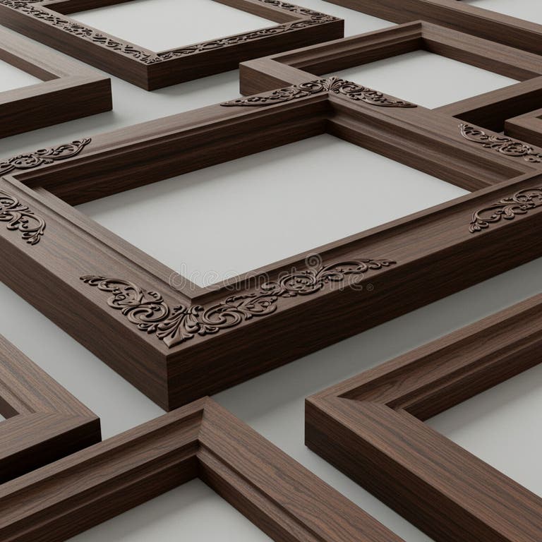 Rectangular Wooden Frames Lay on a Flat Surface, Each Featuring Ornate, Carved Corner Stock ...
