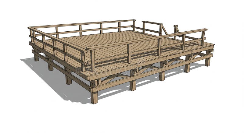 Rectangular Wooden Platform with Railing, Supported by Vertical Posts ...