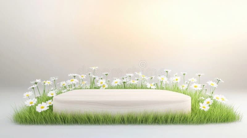 Rectangular Wooden Product Display Stand with Daisy Flowers on Grass ...